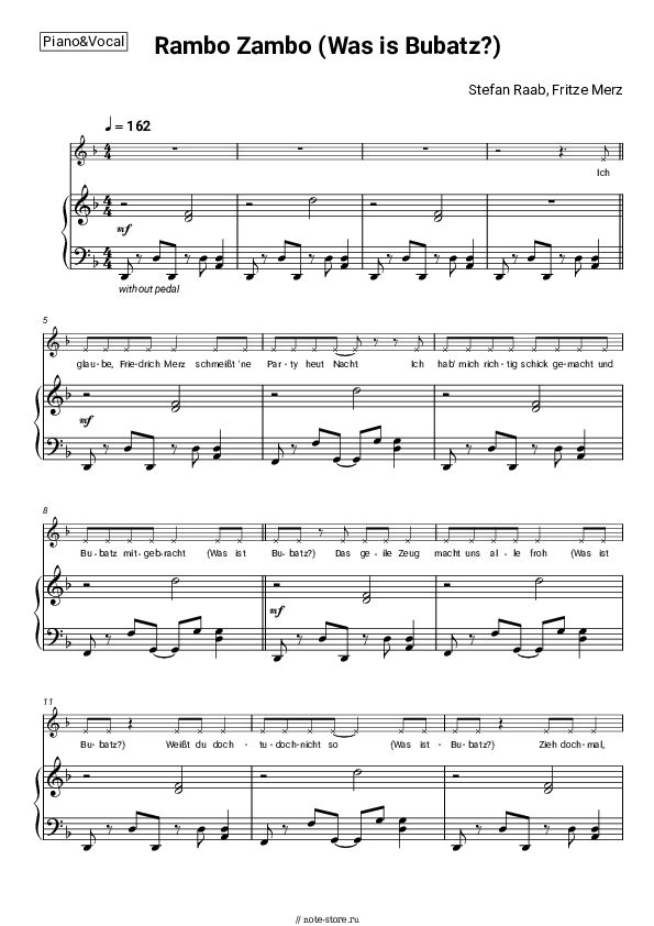 Ноты с вокалом Stefan Raab - Rambo Zambo (Was is Bubatz?) - Пианино ...