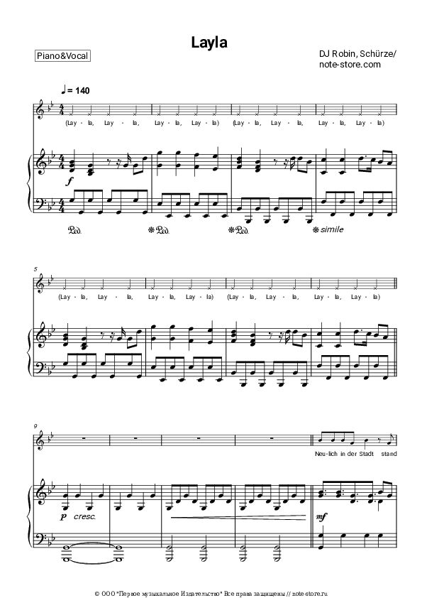 Ноты с вокалом DJ Robin, Schürze - Layla - Пианино&Вокал - DJ Robin ...