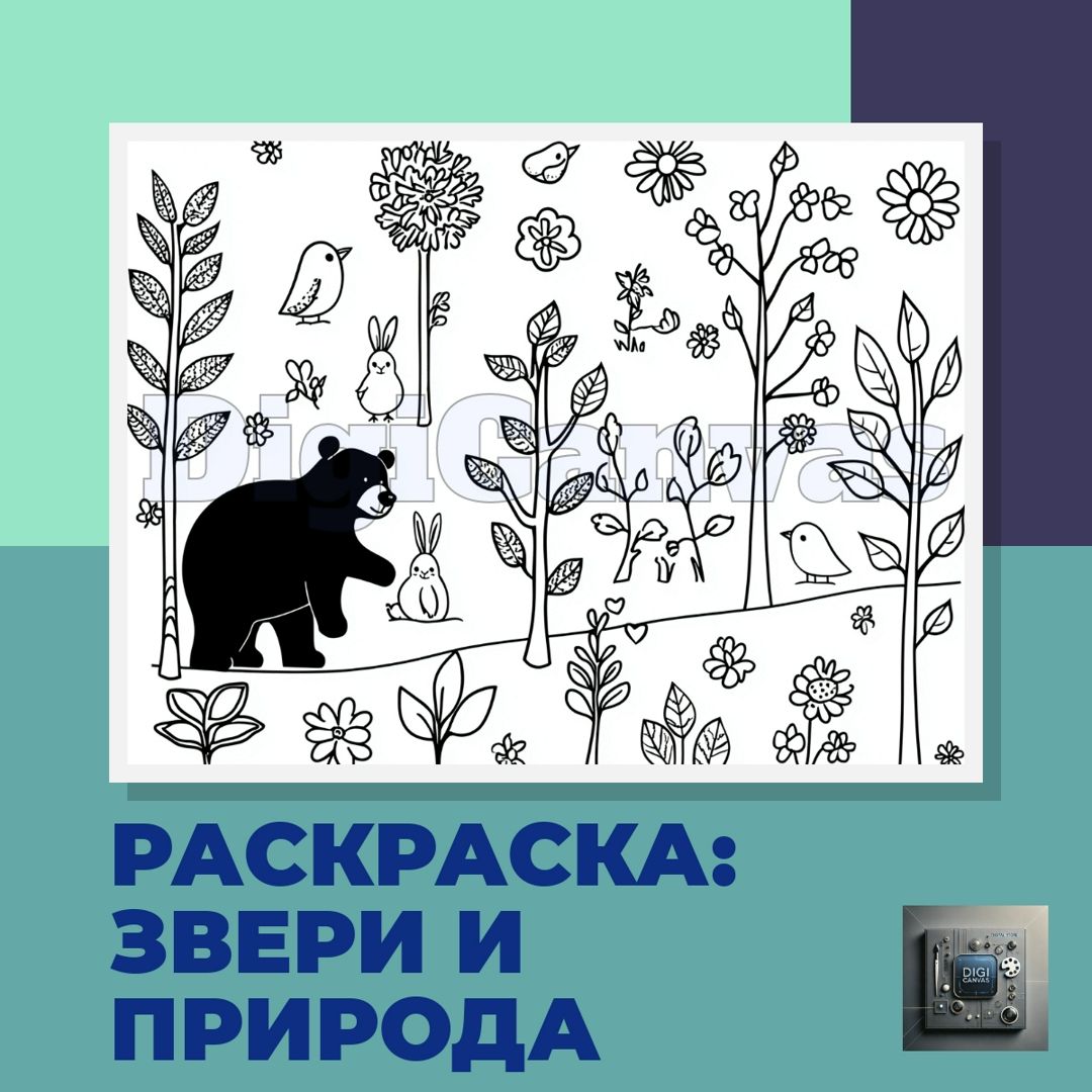 Раскраска для детей: звери и природа, для печати, PDF, А4 - DigiCanvas ...