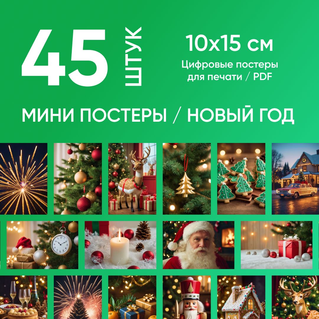 Мини постеры Новый год интерьерные на стену набор картинок для коллажа Mondrian скачать на