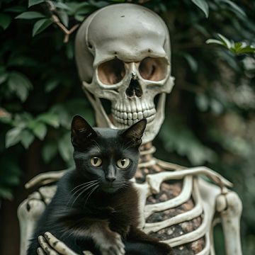 Скелет с черным котом – принт для плакатов, одежды, аксессуаров и ...