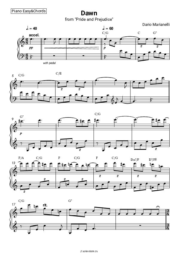 Лёгкие ноты и аккорды Dario Marianelli - Dawn (from Pride and Prejudice ...