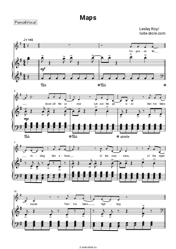 Ноты с вокалом Lesley Roy - Maps - Пианино&Вокал - Lesley Roy - скачать ...